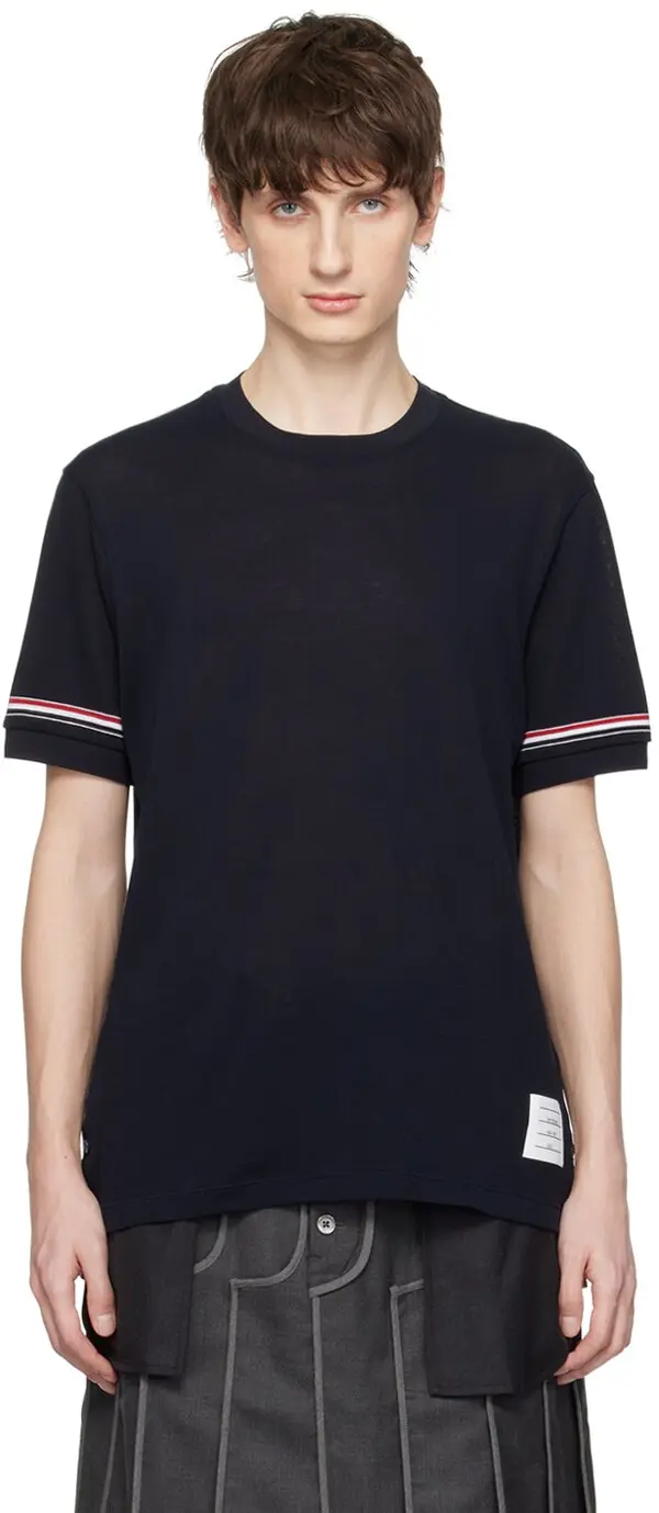 Thom Browne Rwb-Stripe Cotton T-Shirt - 415 Navy - 59% Off
